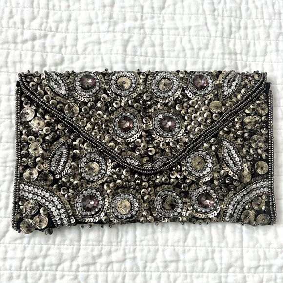 Bags | Satin Gold Copper Sequin Beaded Envelope Clutch Purse 9x6 Bag ...